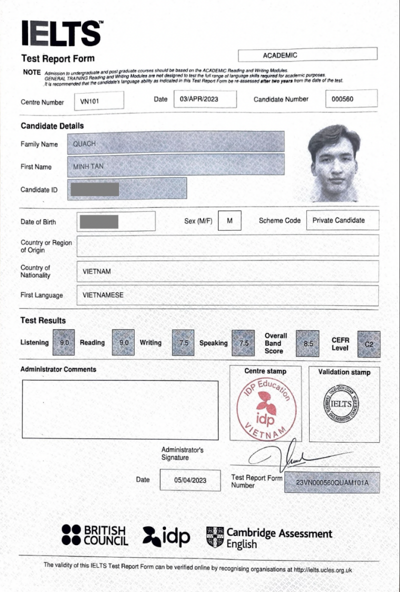 Bảng điểm Giáo viên - IELTS 1984 VN